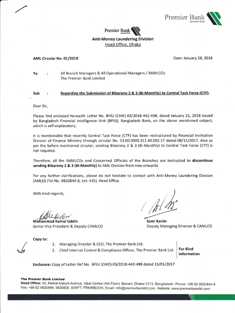 AML Circular No. 01-2018-Submission of Bibarony 2 & 3 (Bi-Monthly) To Central Task Force (CTF ...