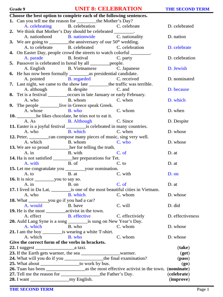 Grade 9 Unit 8 Celebration Exercises | PDF