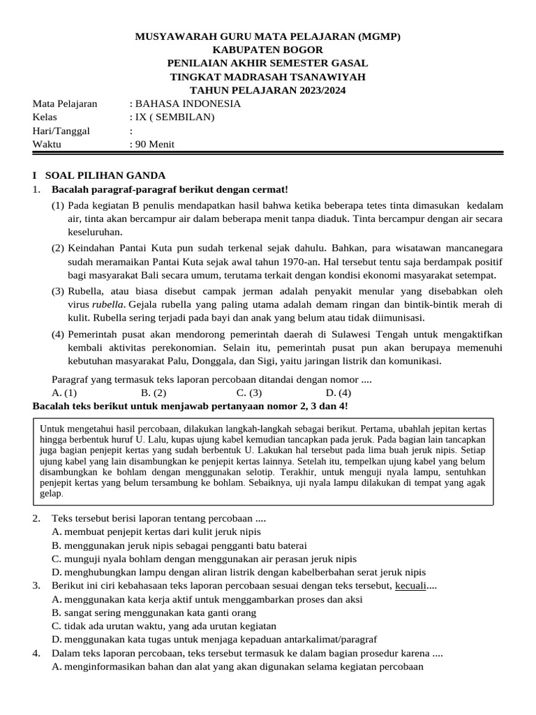 Penilaian Akhir Semester Bahasa Indonesia Kelas IX | PDF