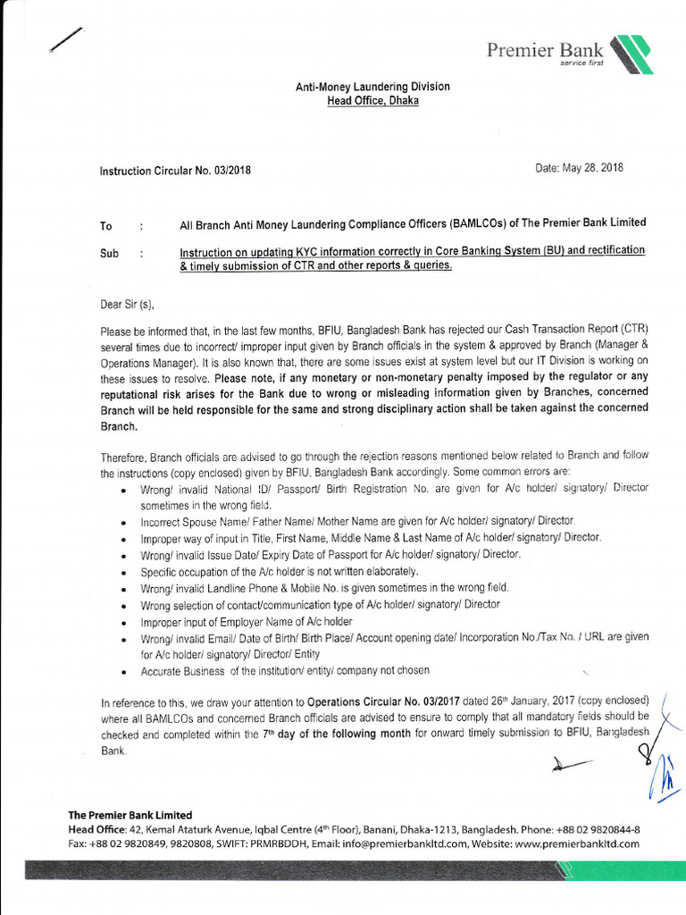 AML Circular No 03-2018 - Instruction Circular On Correctly & Timely Report Submission | PDF
