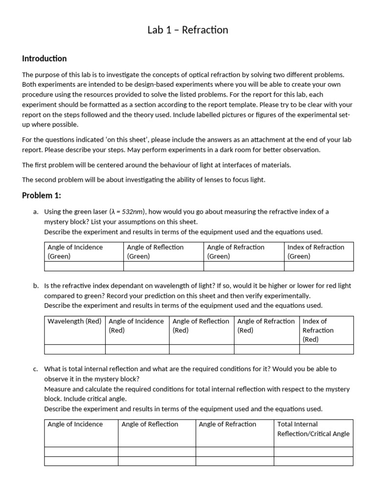 Lab 1 - 3E04_vTA_Fall2024 | PDF | Refraction | Refractive Index