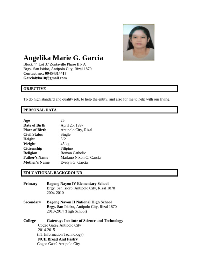 Resume of Angelika Marie G. Garcia | PDF