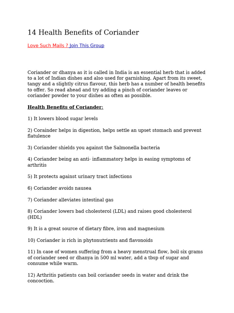 14 Health Benefits of Coriander | PDF