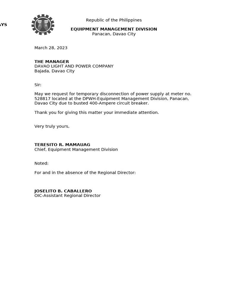 Request for Temporary Power Disconnection | PDF