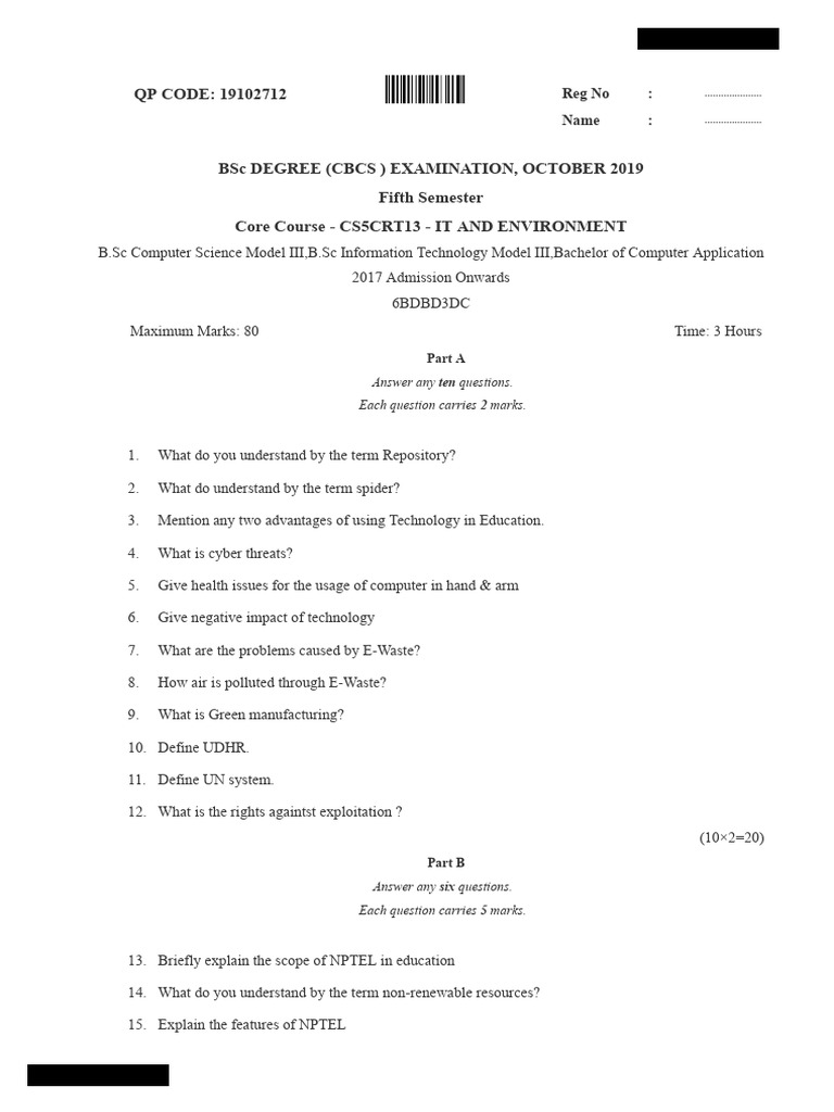 Bsc Bca 5 Sem It and Environment 19102712 Oct 2019 | PDF | Electronic Waste