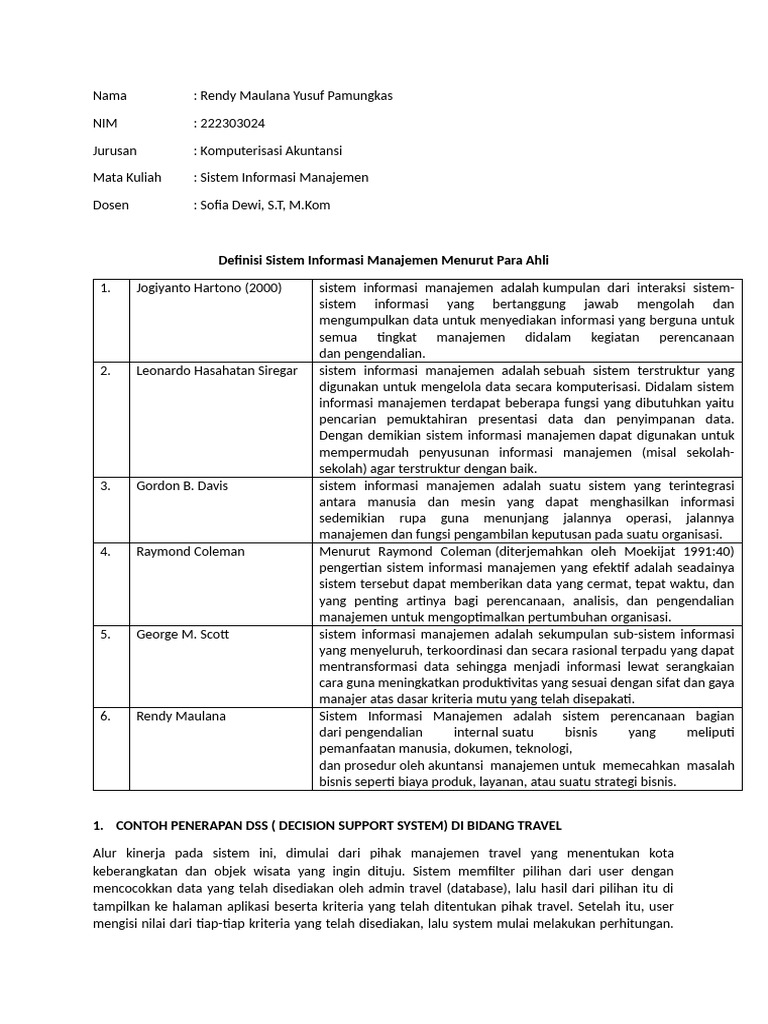Tugas 2- Definisi Sistem Informasi Dan Contoh Penerapan DSS Dan ESS | PDF