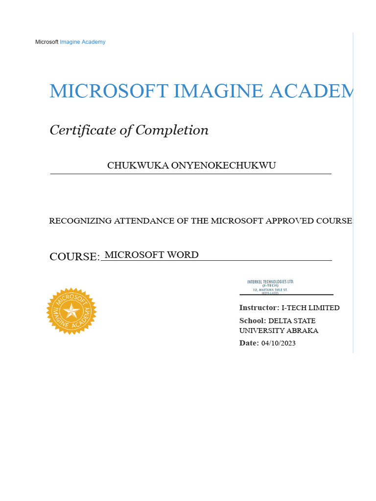 Microsoft Imagine Academy Certificate | PDF