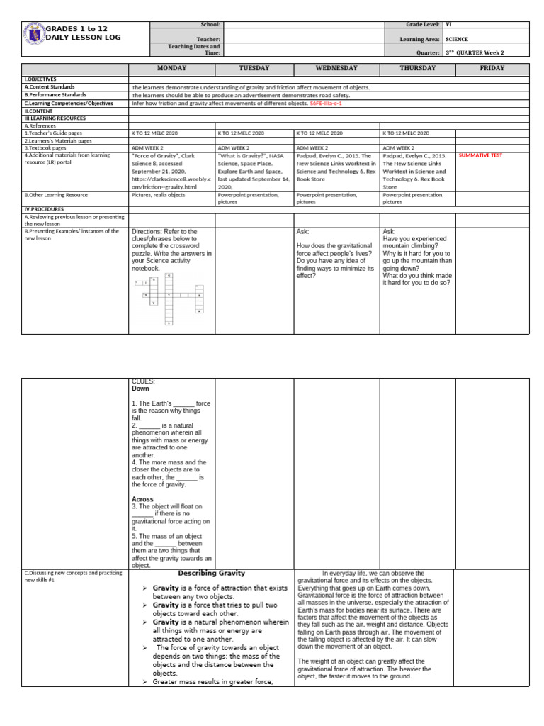 DLL_SCIENCE 6_Q3_W2 | PDF | Force | Gravity