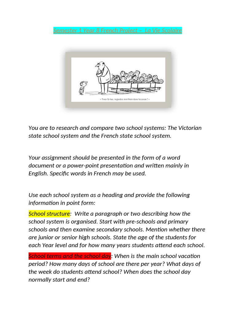 Year 8 French Project - School Systems For Semester 1 2025 | PDF