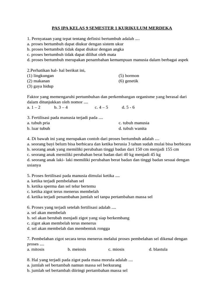 Pas Ipa Kelas 9 Semester 1 Kurikulum Merdeka | PDF