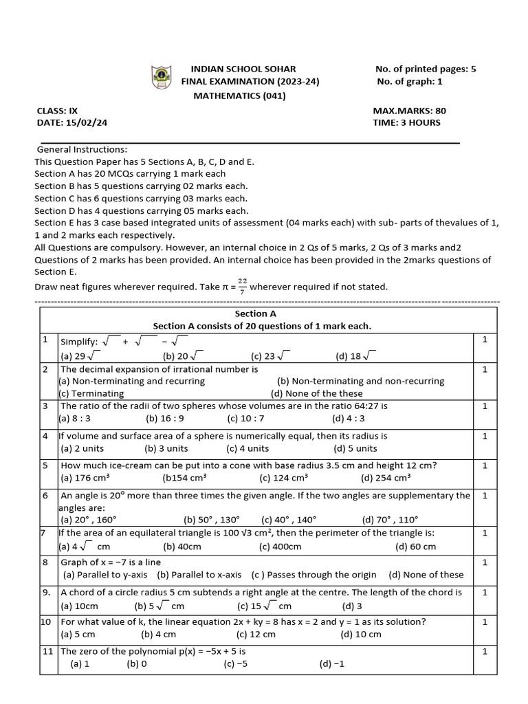 Class Ix Final Mathematics 2023-24 | PDF | Sphere | Area