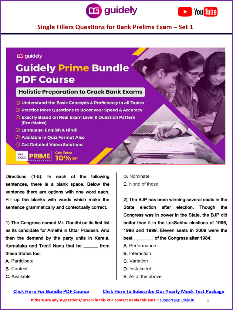 Single Fillers Questions Free PDF Set 1 For Bank Prelims Exam | PDF