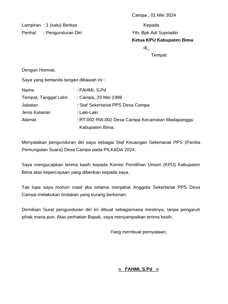 SURAT PENGUNDURAN DIRI PPS | PDF