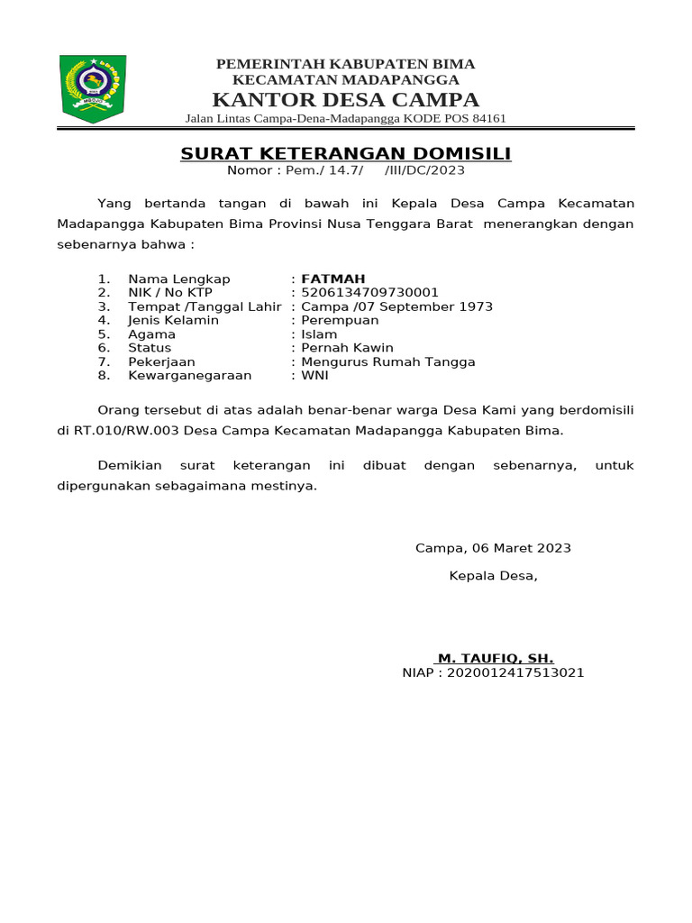 Surat Keterangan Domisili Desa Campa | PDF