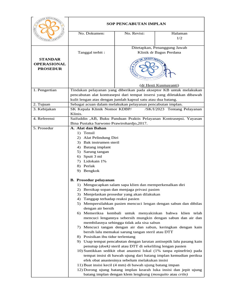 Sop Pencabutan Implan | PDF