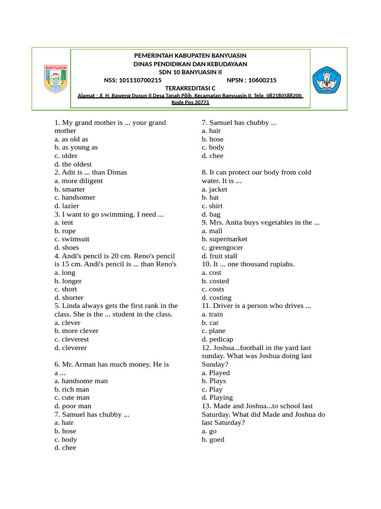 Soal Uts B.inggris Kelas 6 | PDF