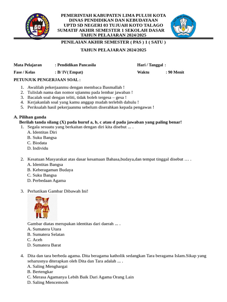 SOAL Pddk Pancasila KELAS 4 | PDF