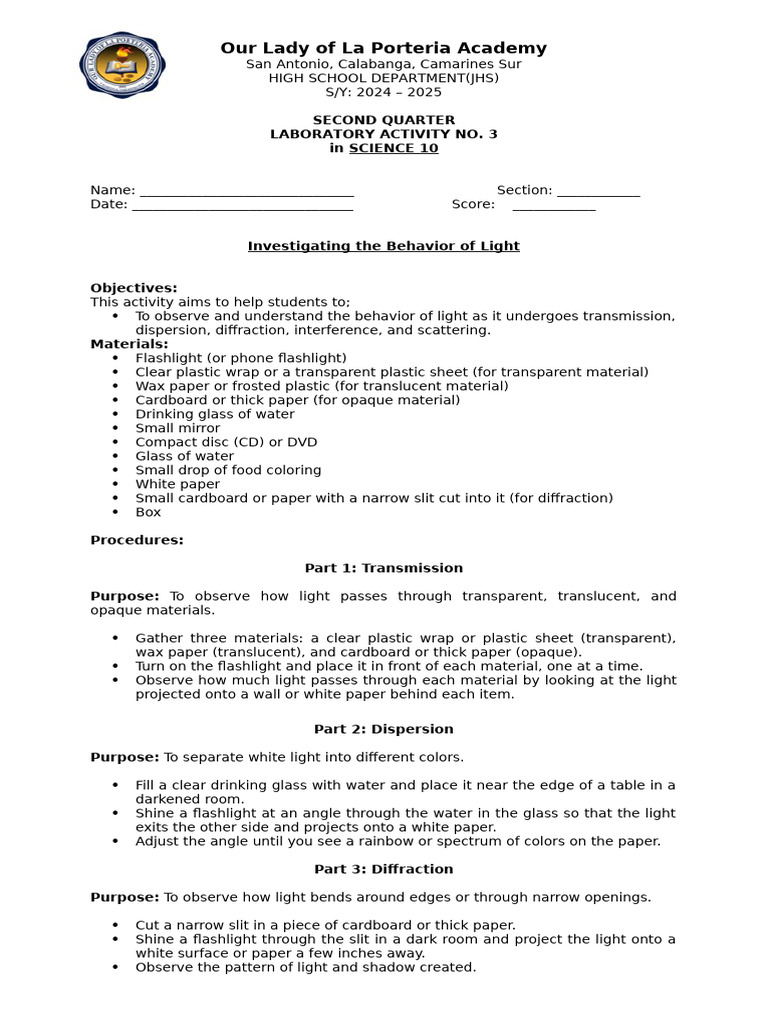 Light Behavior Lab Activity Guide | PDF | Light | Diffraction