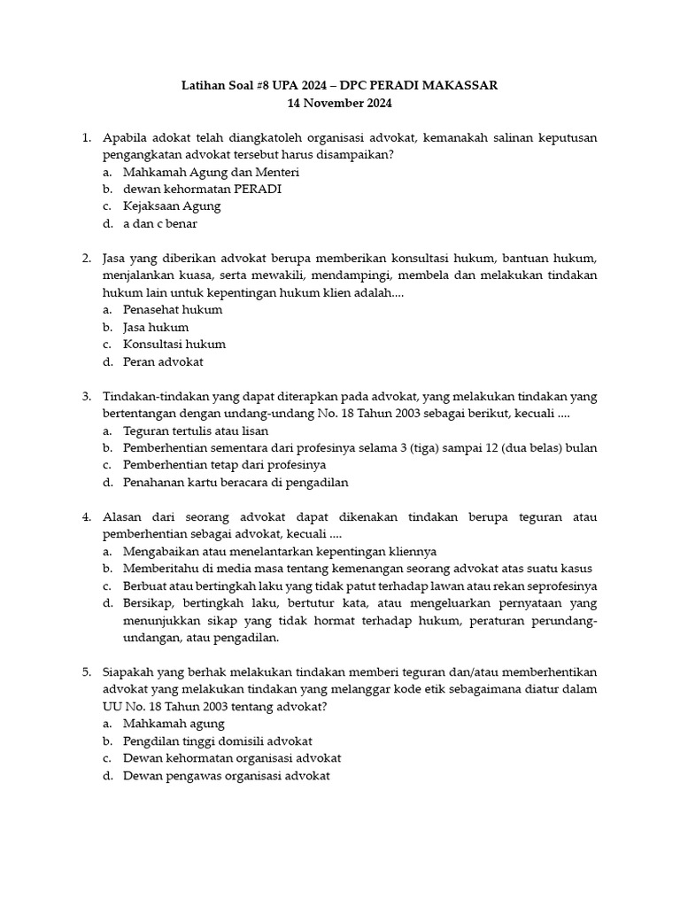 Latihan Soal #8 UPA 2024 - DPC PERADI MAKASSAR | PDF