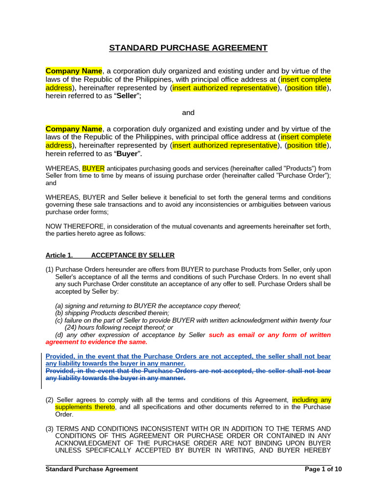 Standard Purchase Agreement Template | PDF | Indemnity | Insurance