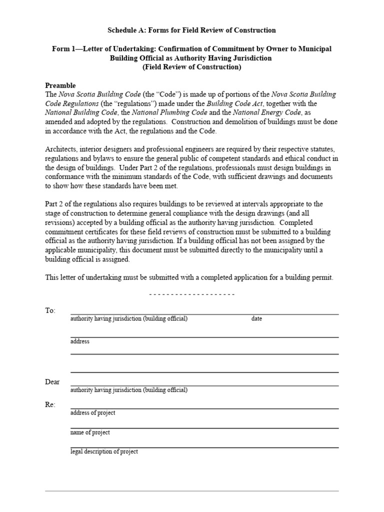 Nova Scotia Building Code Regulation Schedule Letters Undertaking en ...