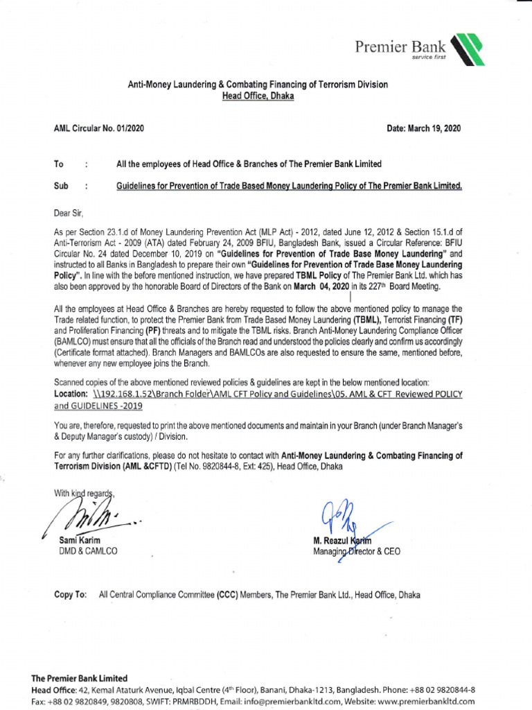 Premier Bank TBML Policy Guidelines | PDF | Regulation | Crimes