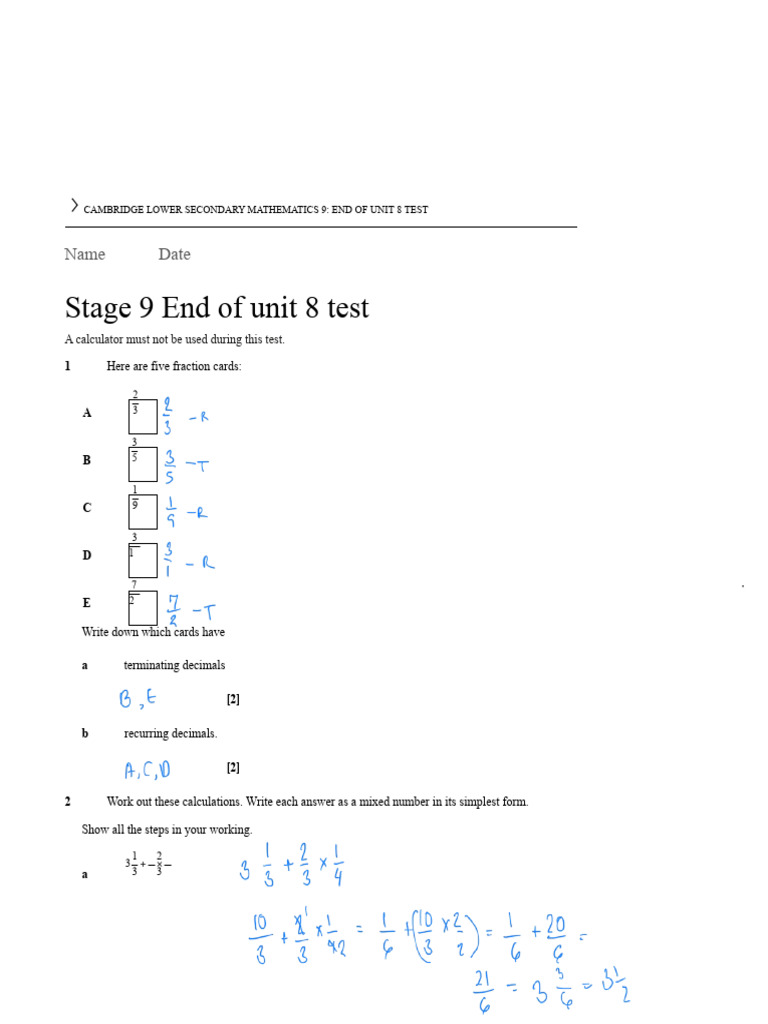 Unit 8 End-Of-Unit Test 1 | PDF | Multiplication | Arithmetic