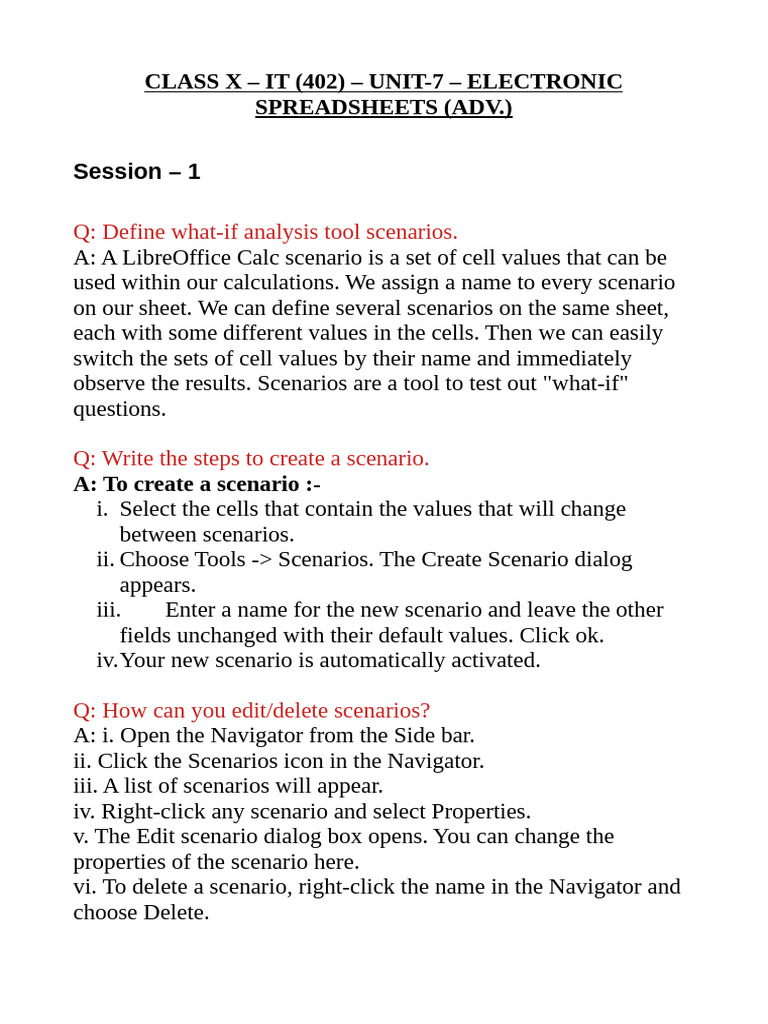 Class 10-IT-Unit-7-Electronic Spreadsheets-QA For Session 1 and 2 | PDF | Spreadsheet | Hyperlink