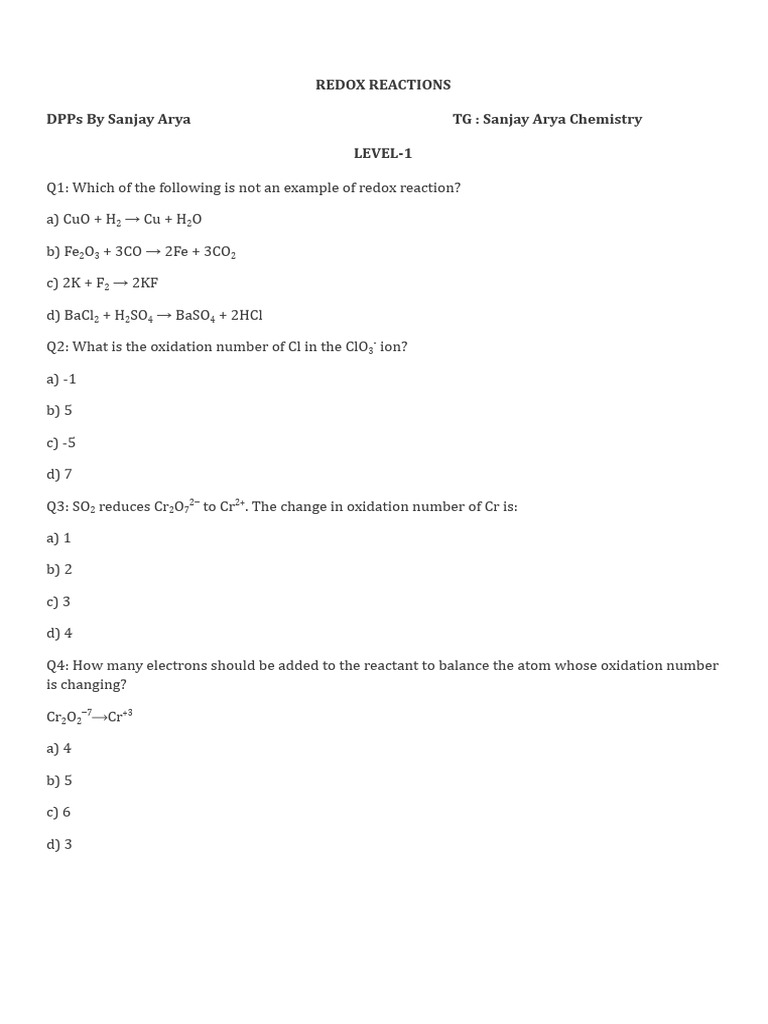 Redox Reactions: Questions & Answers | PDF | Redox | Chemical Reactions