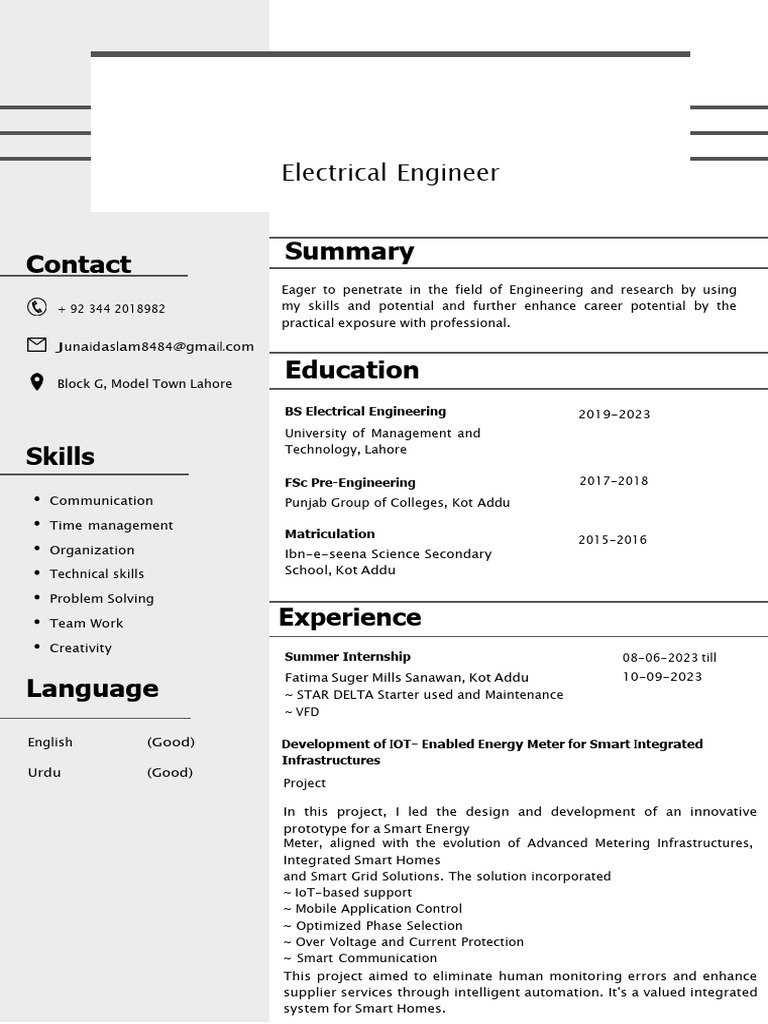 Resume Muhammadjunaid Aslam | PDF | Electricity | Electrical Engineering