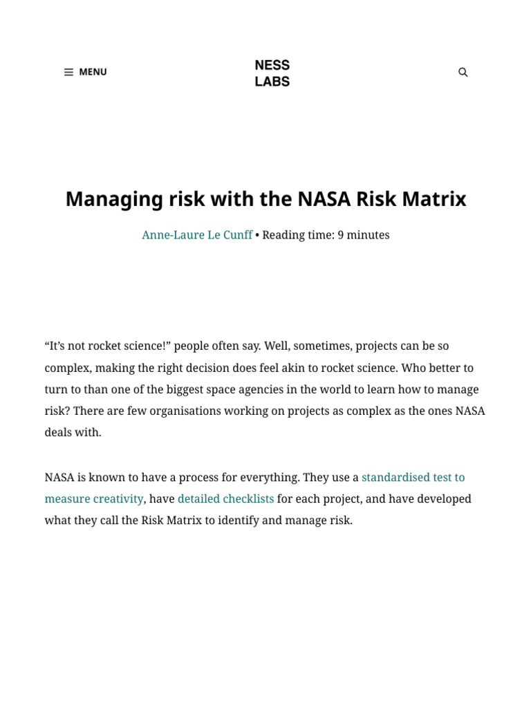 Managing Risk With The NASA Risk Matrix - Ness Labs | PDF | Risk