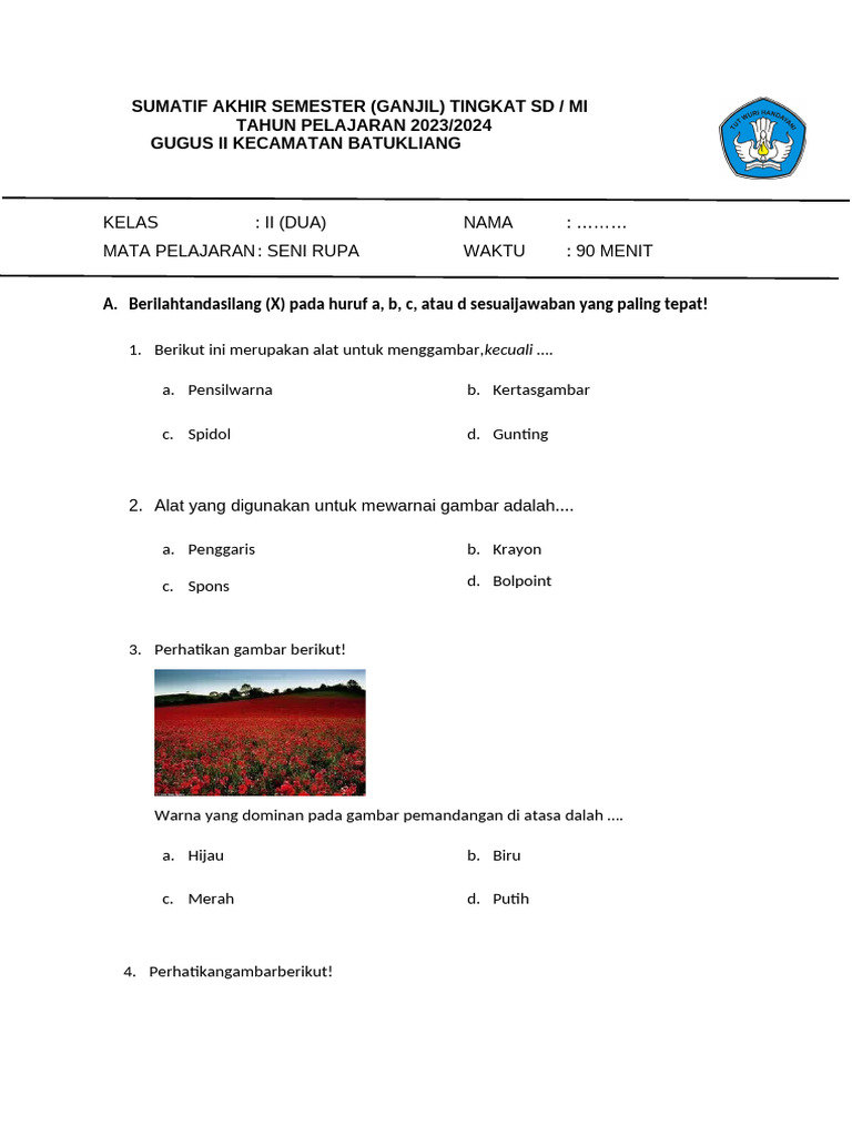 SOAL SAS SENI RUPA SEMESTER SATU 2023-2024 FIX | PDF
