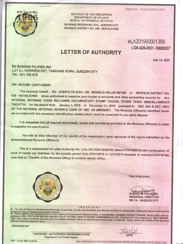 1 BIR LOA 2019 Docs Trans | PDF