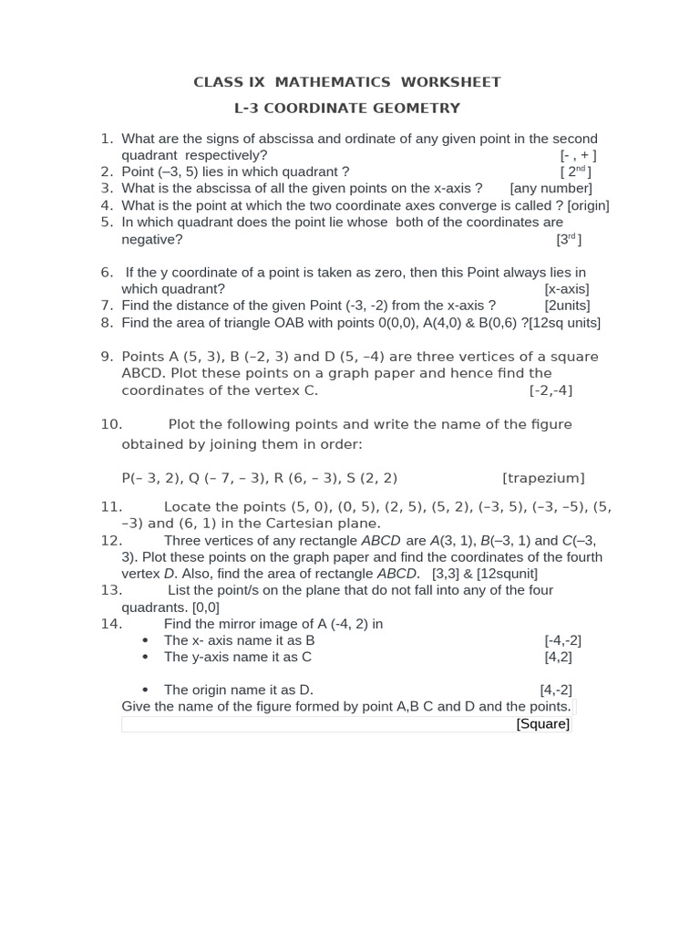 Class 9 Coordinate Geometry Worksheet | PDF