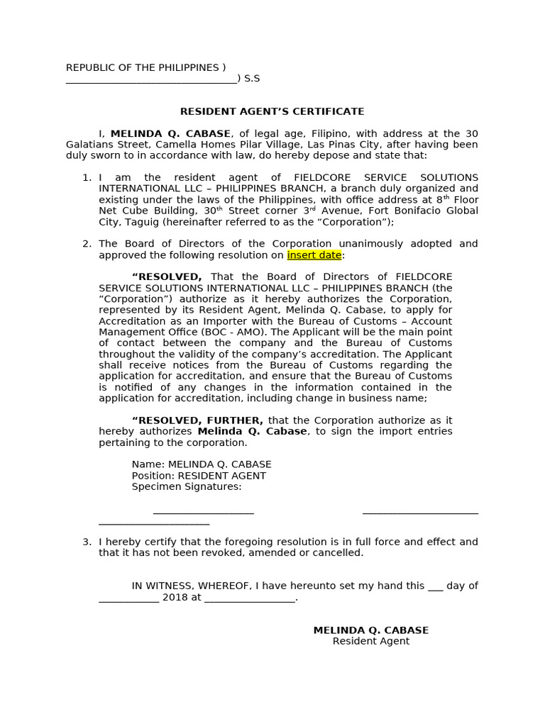 Resident Agent's Certificate (Draft) | PDF | Justice | Crime & Violence