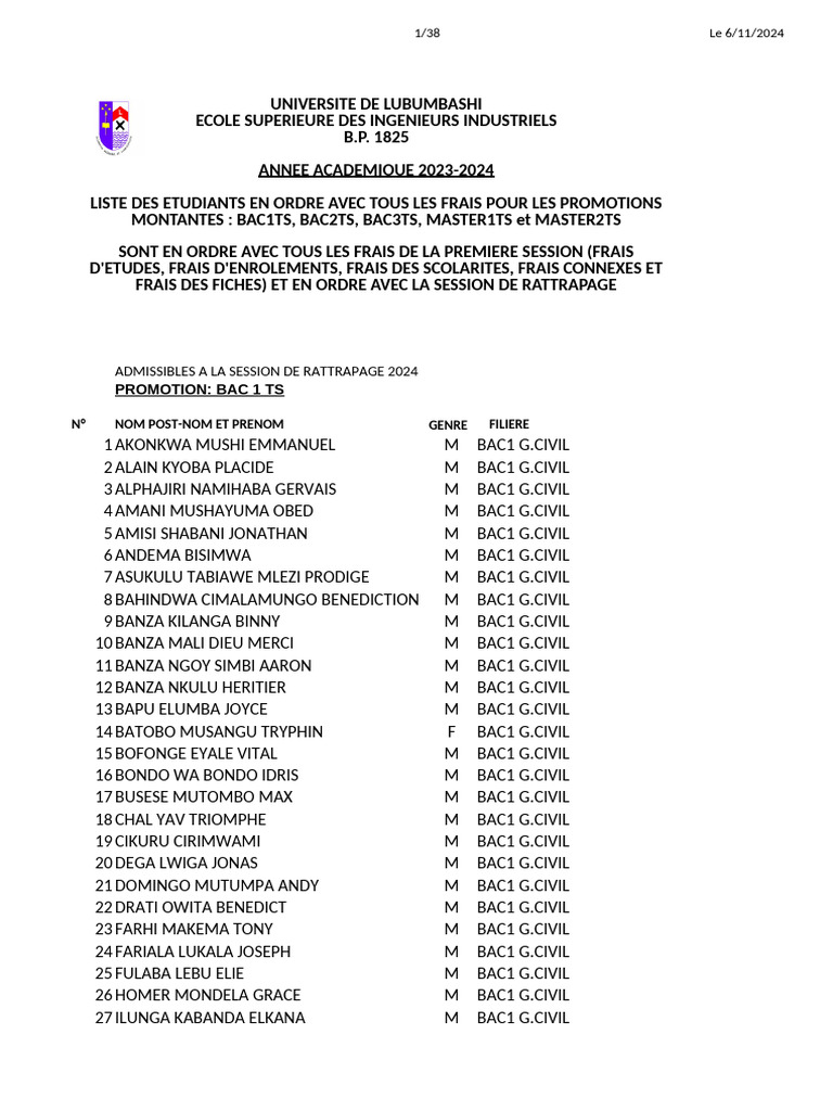 2024 BAC1 Civil Engineering Retake List | PDF
