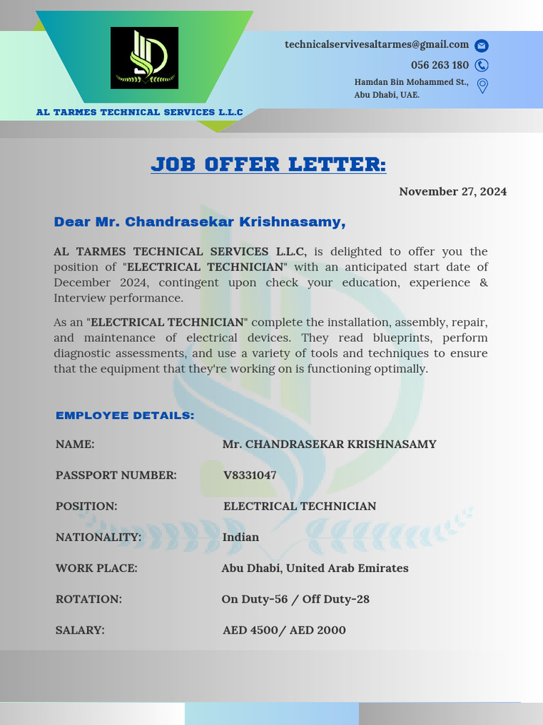 Chandrasekar Krishnasamy - Job Offer Letter | PDF | United Arab ...