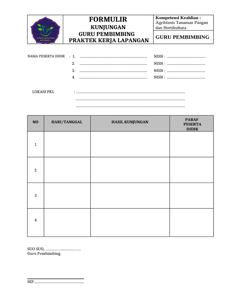 Formulir Kunjungan PKL Agribisnis | PDF