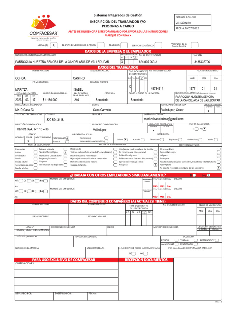 Formulario AfiliacionTrabajadores - COMFACESAR | PDF | Salario mínimo | Desempleo