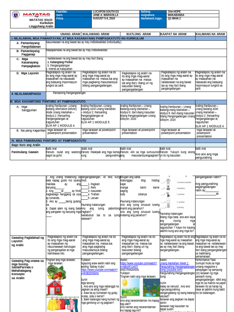 Week 2 Makabansa Day 1 To 5 | PDF