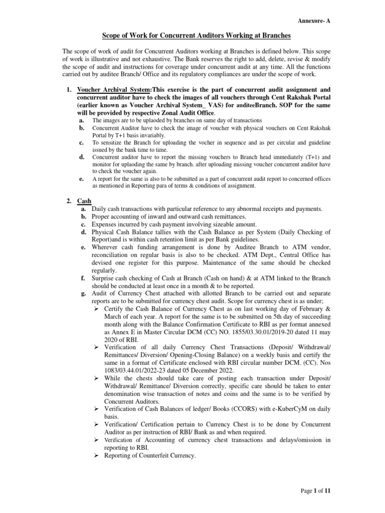 Annexure - A Scope of Work For Concurrent Auditor at Branches For F.Y ...