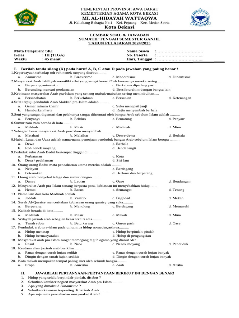 kop soal kls 3 24-25 | PDF