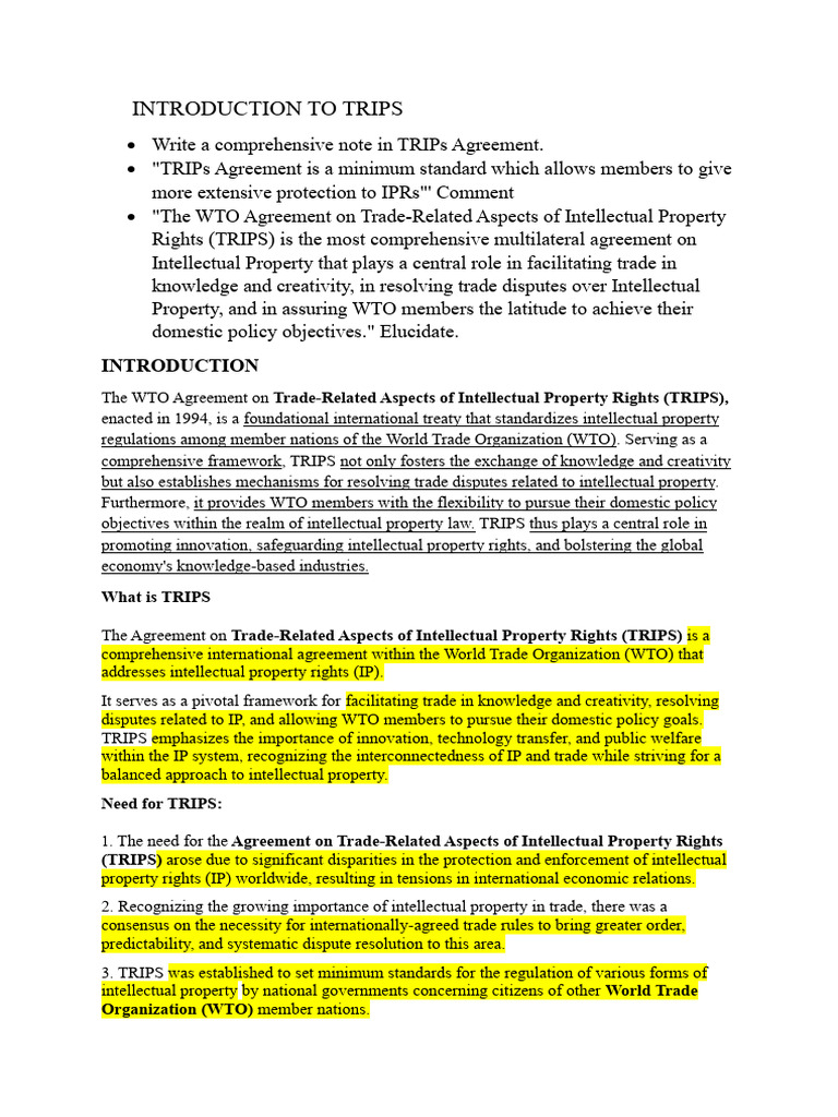 Introduction To TRIPS | PDF | Trips Agreement | Intellectual Property