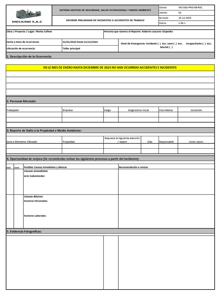 MC-SGS-PRO-09-R01 Reporte Preliminar de Inc. o Acc. | PDF