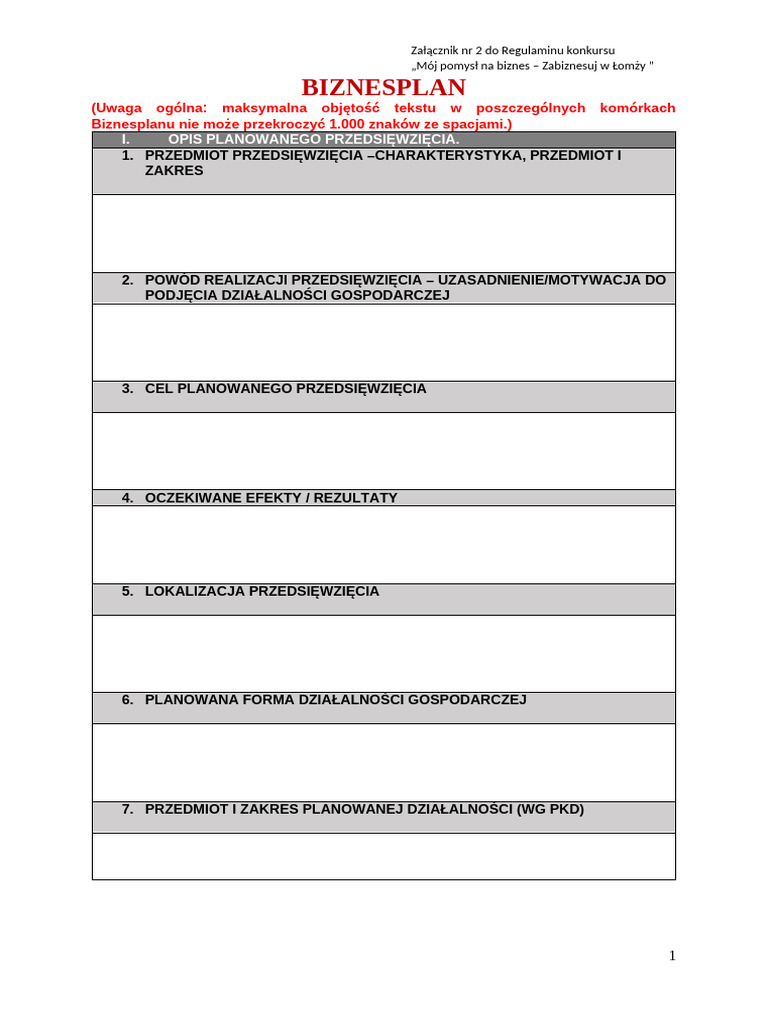 Zalacznik NR 2 Do Regulaminu Biznesplan | PDF
