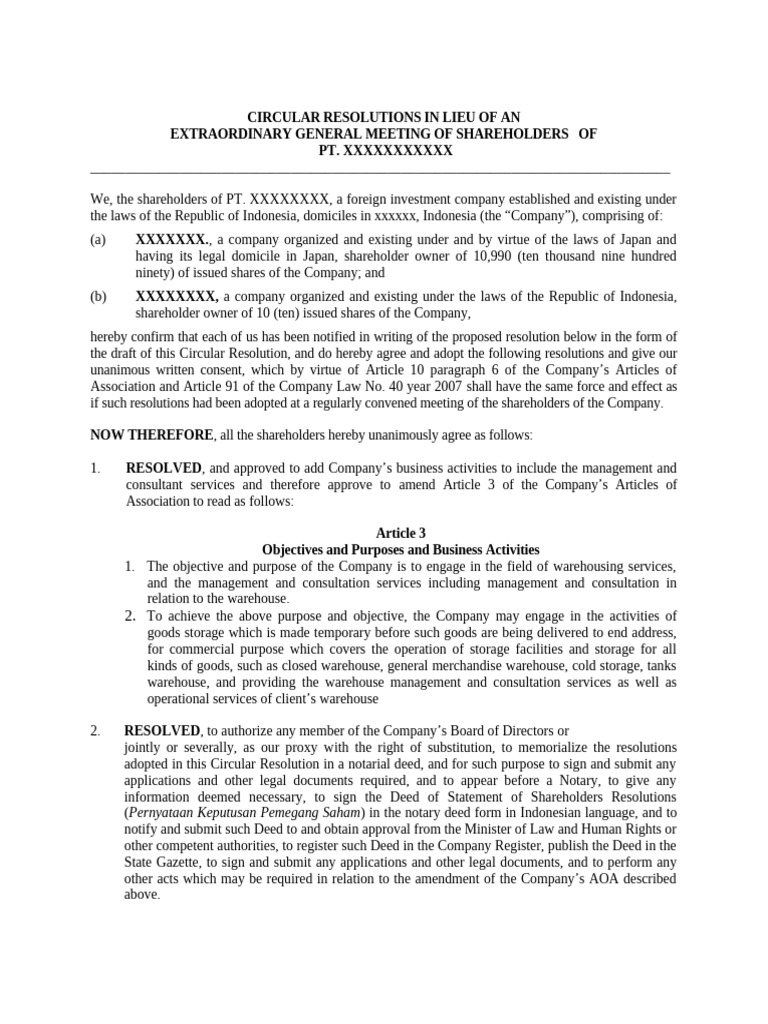 CIRCULAR RESOLUTIONS Amend Art 3 AoA | PDF | Political Charters ...