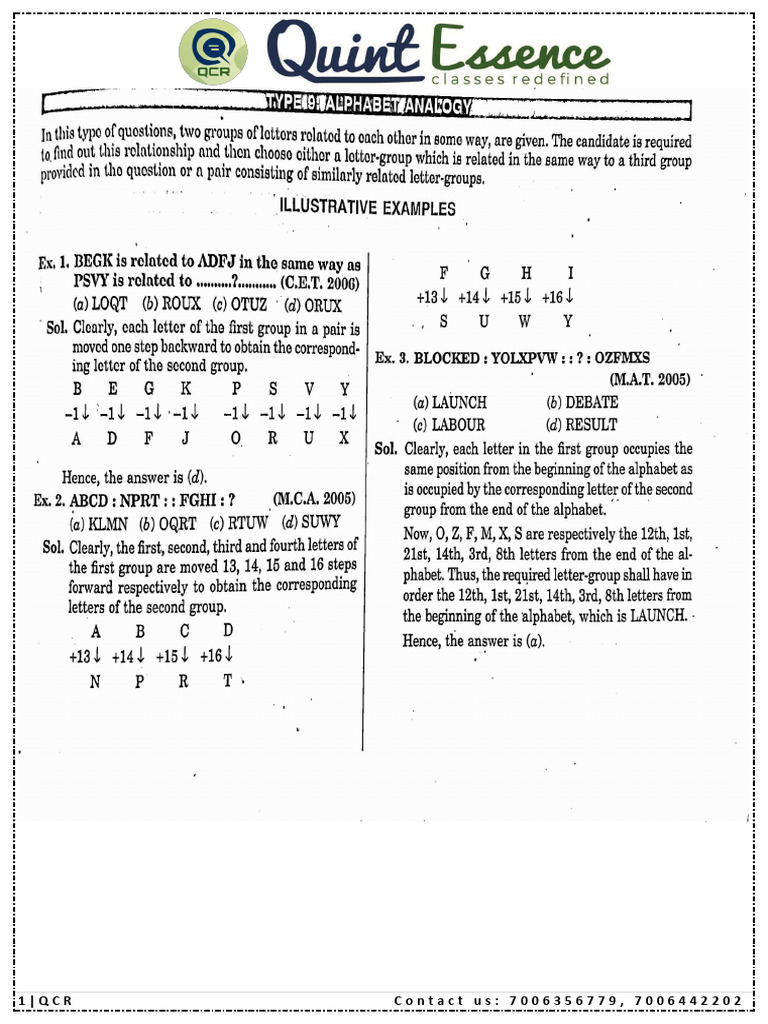 Reasoning (Alphabet Analogy) | PDF