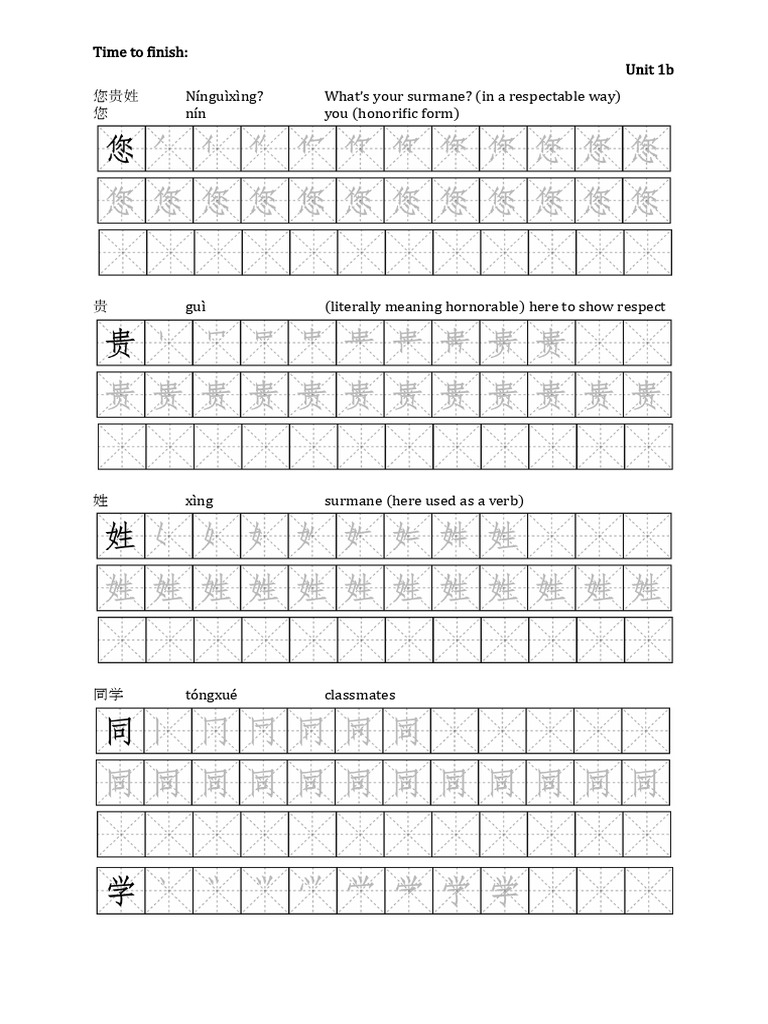 Chinese Characters of Unit 1b | PDF