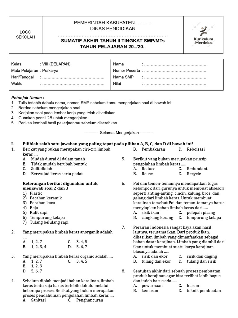 Soal KUMER Prakarya K-VIII | PDF