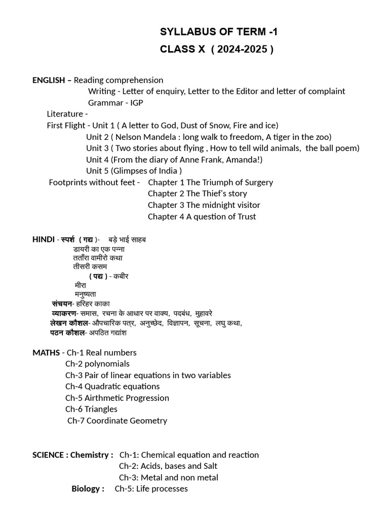Class X Term 1 Syllabus 2024-2025 | PDF